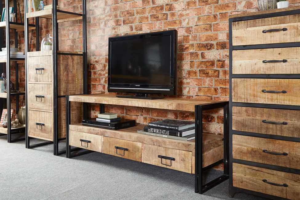 Cosmo Plasma Stand, Reclaimed Wood & Metal – Superior Furniture Store